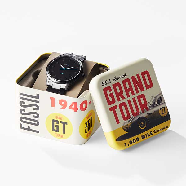 Engraved Fossil Black Minimalist Watch