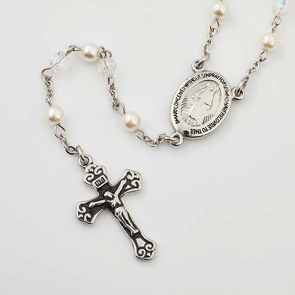 Engraved Pearlescent White Rosary and Keepsake Box