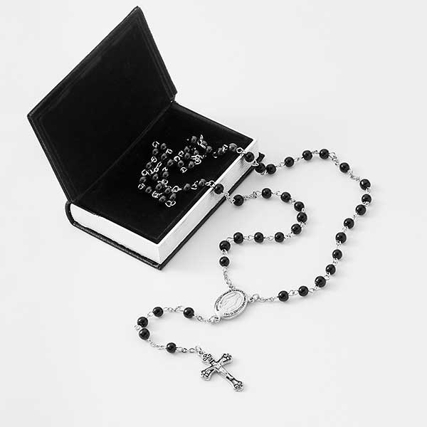 First Communion Black Rosary and Engraved Keepsake Box