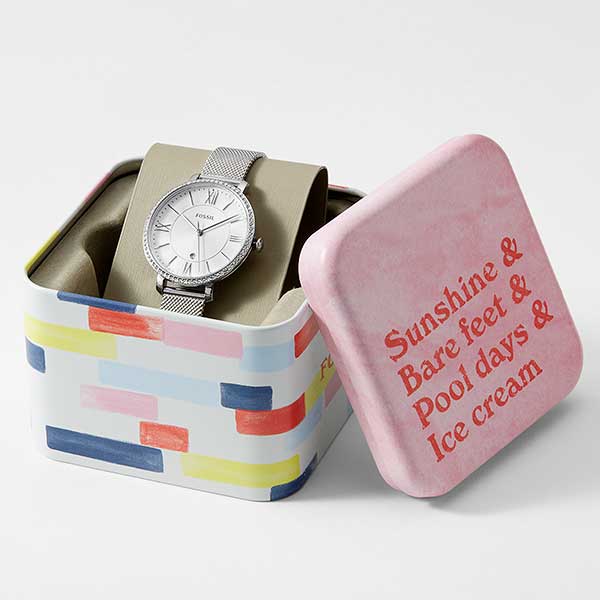 Jaqueline Engraved Fossil Watch - Silver Mesh