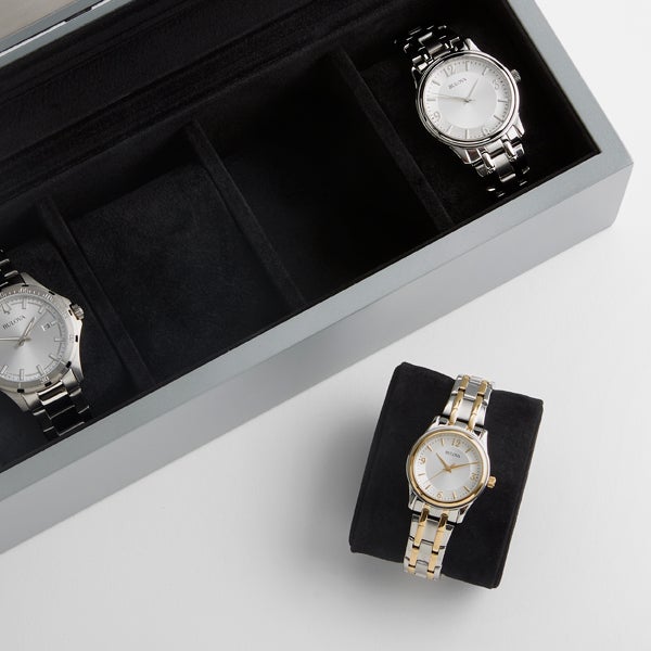 Engraved Collector's Metallic Grey Wooden Watch Box