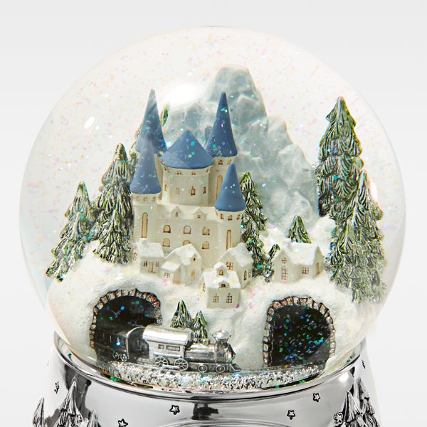 Engraved Winter Castle with Train Snow Globe