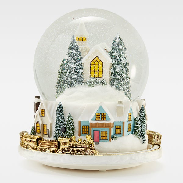 Engraved Large Colorful Village with Train Snow Globe