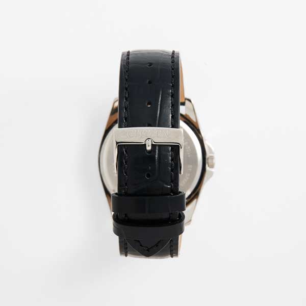 Engraved Citizen Milestone Quartz Black Leather & Silver Watch