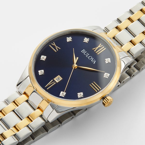 Engraved Bulova Blue Dial Two Tone Watch