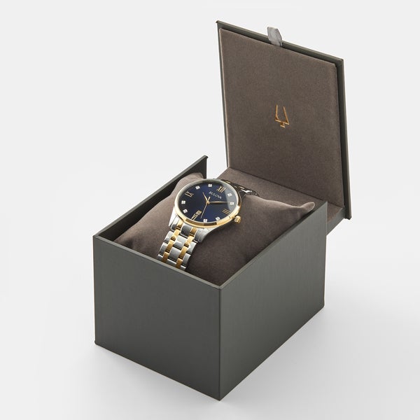 Engraved Bulova Blue Dial Two Tone Watch