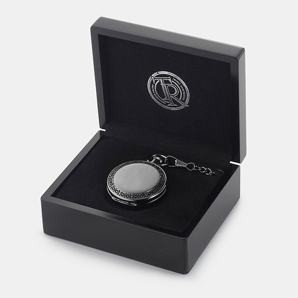 Engraved Gunmetal Skeleton Dial Pocket Watch and Box