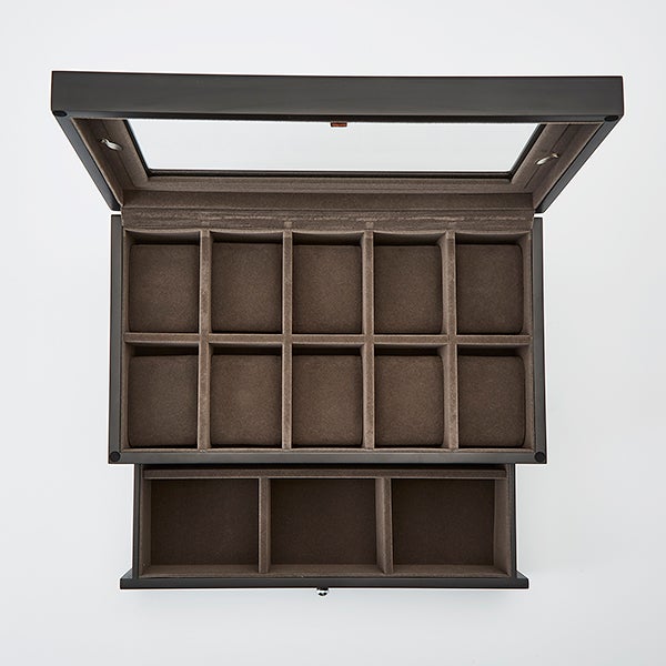 Engraved Black Wooden 10 Slot Watch Box with Drawer