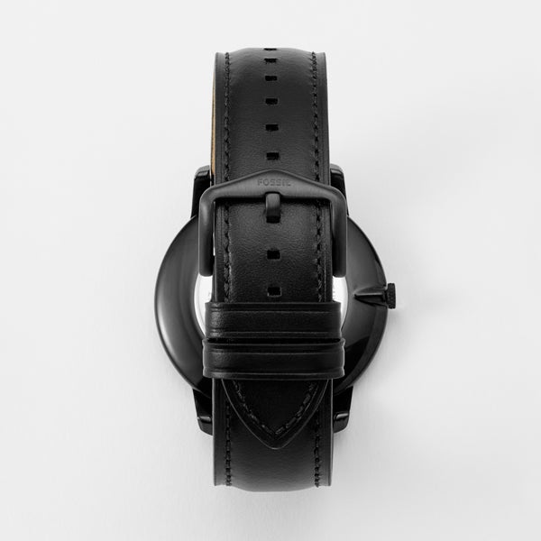 Engraved Fossil Minimalist Black Leather Watch