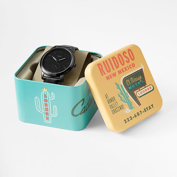 Engraved Fossil Minimalist Black Leather Watch