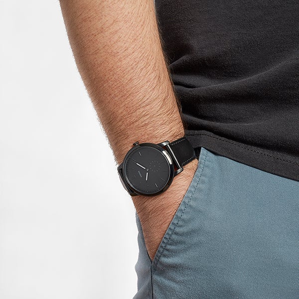Engraved Fossil Minimalist Black Leather Watch