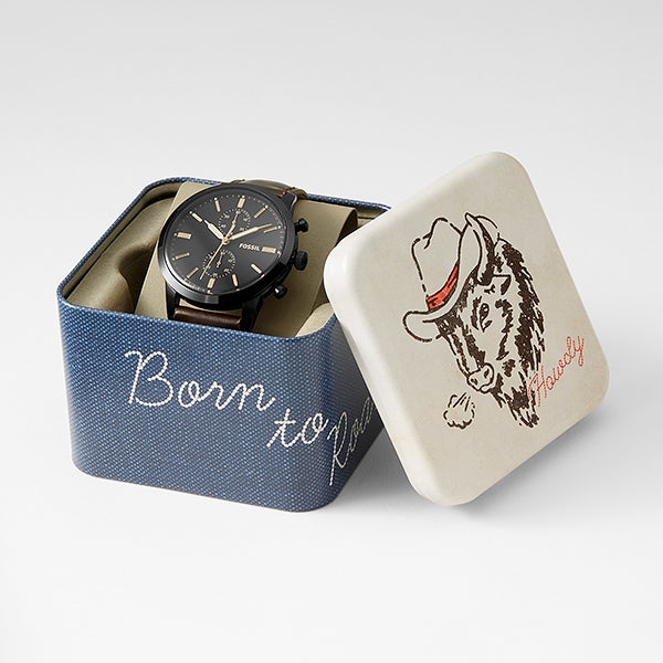 Engraved Fossil Townsman Brown Leather Watch