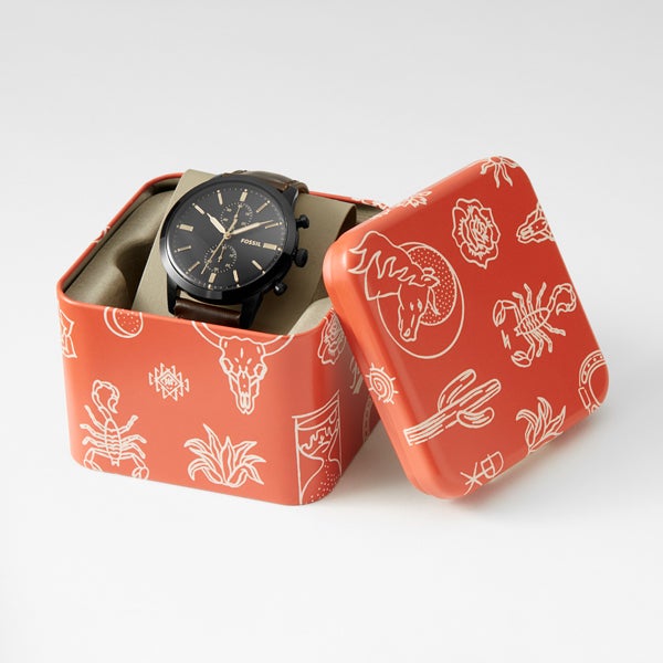 Engraved Fossil Townsman Brown Leather Watch