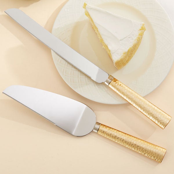 Kittenish Engraved Gold Hammered Wedding Cake Knife & Server Set
