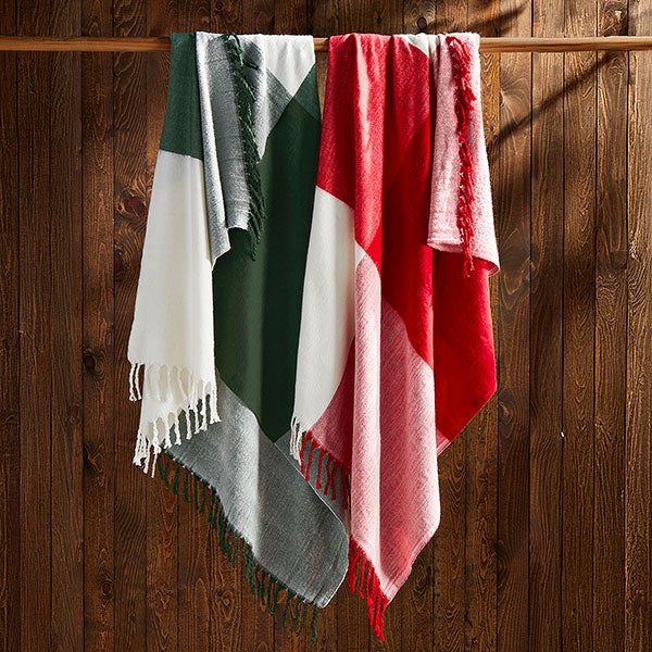 Embroidered Large Green Checked Throw Blanket